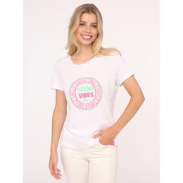 T-Shirt Zwillingsherz "Good Vibes", Damen, Gr. L, wei&szlig;, Web, Obermaterial: 92% Baumwolle, 8% Elasthan, normal normal, Rundhals, eingefasste Kante, Shirts T-Shirt, Stickerei, Kurzarm, Rundhalsausschnitt, Baumwollmischung
