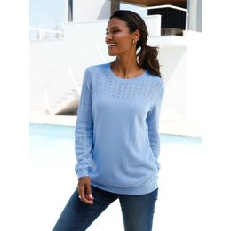 Rundhalspullover Classic Basics "Ajour-Pullover", Damen, Gr. 42, blau (himmelblau), 100% Polyacryl, unifarben, Pullover Rundhalspullover