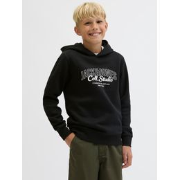 Jack & Jones Kapuzensweatshirt JACK & JONES JUNIOR "JJMAKOTO SWEAT HOOD JNR", Jungen, Gr. 128, schwarz (schwarz print:big print), angeraute Sweatware, Obermaterial: 60% Baumwolle, 40% Polyester, bedruckt, regular fit, Rippb&uuml;ndchen, Sweatshirts Kapuzensweatshirt