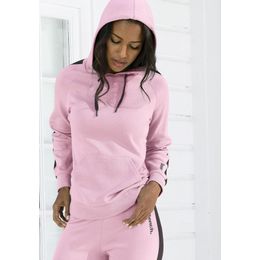 Kapuzensweatshirt BENCH. LOUNGEWEAR, Damen, Gr. 32/34, rosa (rosa, schwarz), Jersey, Obermaterial: 60% Baumwolle, 40% Polyester, unifarben mit Farbeins&auml;tzen, bequem h&uuml;ftbedeckend, Rippb&uuml;ndchen, Sweatshirts Kapuzensweatshirt, mit Seitenstreifen und K&auml;ngurutasche, Loungewear