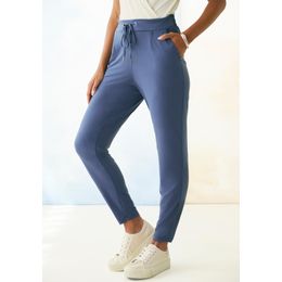 Schlupfhose Lascana, Damen, Gr. 36, N-Gr, blau (dunkelblau), Jersey, Obermaterial: 95% Polyester, 5% Elasthan, unifarben, figurumspielend kn&ouml;chellang, Hosen Schlupfhose, aus glatter Jerseyqualit&auml;t, leichte Sommerhose mit Taschen, b&uuml;gelfrei, Topseller