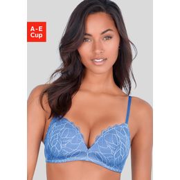 Bralette-BH Lascana "Alicia", Damen, Gr. 70, Cup D, blau (kornblumenblau), Spitze, Obermaterial: 50% Polyamid, 44% Polyester, 6% Elasthan, BHs Bralette-BH, ohne B&uuml;gel mit feiner Spitze mit Bl&auml;ttermotiv, Dessous