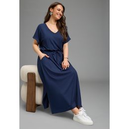 Jerseykleid LAURA SCOTT CURVE, Damen, Gr. 50, N-Gr, navy, Single Jersey, Obermaterial: 94% Viskose, 6% Elasthan, unifarben, figurumspielend kn&ouml;chellang, V-Ausschnitt, angeschnitten Aufschlag, Kleider Jerseykleid, in Midil&auml;nge, V-Ausschnitt, praktische Eingrifftaschen
