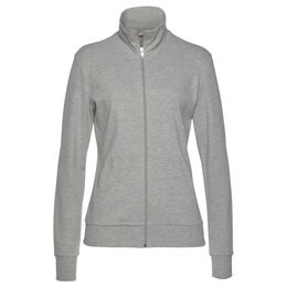 Sweatjacke BENCH. LOUNGEWEAR, Damen, Gr. 40/42, grau (hellgrau, melange), Interlock, Obermaterial: 90% Baumwolle, 10% Polyester, meliert, unifarben, Basic, figurbetont normal, B&uuml;ndchen, Sweatjacken Sweatjacke, mit gl&auml;nzender Logostickerei am Stehkragen, Loungeanzug