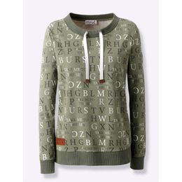 Sweatshirt Casual Looks, Damen, Gr. 38, gr&uuml;n (khaki, ecru, bedruckt), 100% Baumwolle, gemustert, mehrfarbig, Rundhals, Sweatshirts Sweatshirt