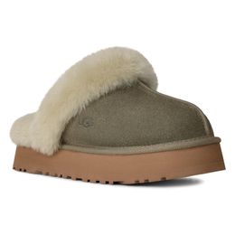 UGG Australia Pantoffel UGG "DISQUETTE", Damen, Gr. 5 (36), khaki, natur, Lammfell, Veloursleder, Schuhe Pantoffel, Homeslippers, Hausschuh, Clog mit angesagtem Plateau