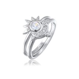Ring-Set Elli "Ring Mond Sonne Zirkonia 2er Set 925 Sterling Silber vergoldet" Gr. 56, silber, Fingerringe, Damen, 56, Silber 925 (Sterlingsilber), Ring-Set