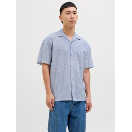 Jack & Jones Kurzarmhemd JACK & JONES "JJESUMMER RESORT SHIRT SS SN", Herren, Gr. S, N-Gr, infinity detail:stripe, Web, Obermaterial: 83% Baumwolle, 17% Leinen, unifarben, relaxed fit taillenbedeckt, ohne Ausschnitt, gerader Abschluss, Hemden Kurzarmhemd, mit Resort Kragen