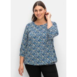 Longbluse sheego, Damen, Gr. 40, blau (tiefblau, gemustert), 100% Viskose, gebl&uuml;mt, gemustert, Rundhals, Blusen Longbluse