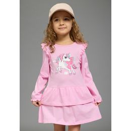 Jerseykleid Kidsworld "S&uuml;&szlig;es Shirtkleide mit Einhorn-Druck", M&auml;dchen, Gr. 92/98, N-Gr, pink, Single Jersey, Obermaterial: 100% Baumwolle, bedruckt, ausgestellt, Rundhals, mit Gummizug, Kleider Jerseykleid, f&uuml;r M&auml;dchen, aus Single Jersey aus Baumwolle