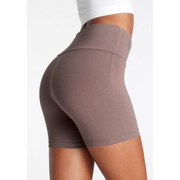 Shorts Lascana, Damen, Gr. 36/38, N-Gr, grau (taupe), Single Jersey, Obermaterial: 95% Baumwolle, 5% Elasthan, unifarben, Basic, kurz, Hosen Shorts, mit breitem B&uuml;ndchen und Logodruck, Loungewear