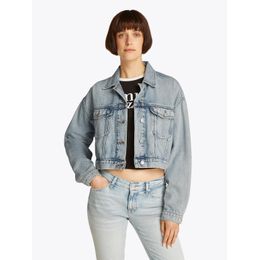Jeansjacke Tommy Jeans "OVSZ CROP TRUCKER JACKET BI6012", Damen, Gr. L (40), blau (denim light), Denim/Jeans, Obermaterial: 82% Baumwolle, 18% Lyocell, unifarben, oversize kurz, 1-Knopf-Manschette, Jacken Jeansjacke, mit kurzem Schnitt, in blauer Waschung, mit Brusttaschen