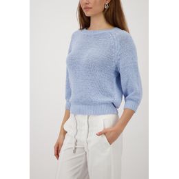 Strickpullover monari "Pullover Basic B&auml;ndchen", Damen, Gr. 42, light sky, Strick, Obermaterial: 77% Baumwolle, 23% Polyester, unifarben, regular fit taillenbedeckt, U-Boot-Ausschnitt, Raglan&auml;rmel Strickbund, Pullover Strickpullover, Regular fit aus B&auml;ndchengarn