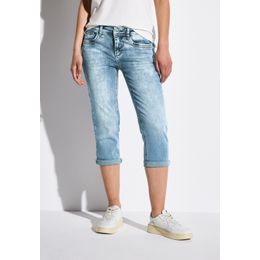 3/4-Jeans Street One "Style Crissi", Damen, Gr. 32, N-Gr, blau (medium blau random acid), Denim/Jeans, Obermaterial: 89% Baumwolle, 8% Polyester, 3% Elasthan, unifarben, slim fit 3/4-L&auml;nge, Jeans 3/4-Jeans, mit Glitzer-Detail