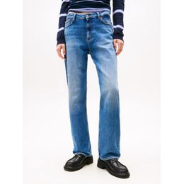 Slim-fit-Jeans Tommy Jeans "KIRA MR SLIM STR BI0134", Damen, Gr. 29, L&auml;nge 30, blau (denim medium), Denim/Jeans, Obermaterial: 99% Baumwolle, 1% Elasthan, slim fit, Jeans Slim-fit-Jeans