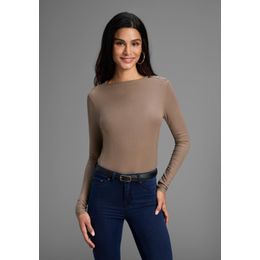 Longsleeve Bruno Banani, Damen, Gr. 36/38, taupe, Jersey, Obermaterial: 95% Viskose, 5% Elasthan, clean, unifarben, figurbetont h&uuml;ftbedeckend, hoch geschlossener Ausschnitt, Shirts Longsleeve, mit Druckknopf-Detail auf der Schulter