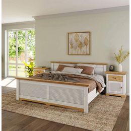 Bett OTTO HOME "Rauna, Landhausstil, edles Design mit Lamellen und Kassetten, 2 Farben", wei&szlig; (wei&szlig;, honig, wei&szlig;, honig, wei&szlig;, honig), B:195cm H:85cm L:206cm, Betten, Bett, FSC zertifiziertes Kieferholz, massive Qualit&auml;t mit Lattenrost