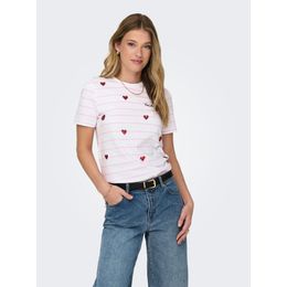 T-Shirt Only "ONLKITA LIFE REG S/S HEART TOP BOX JRS", Damen, Gr. S, wei&szlig; (hellwei&szlig; print:voila), Single Jersey, Obermaterial: 100% Baumwolle, geringelt, gestreift, regular fit h&uuml;ftlang, Rundhals, Shirts T-Shirt, Topseller