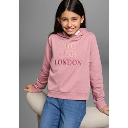 Kapuzensweatshirt Kidsworld "NYC Paris London - Stickerei", M&auml;dchen, Gr. 164/170, rosa (altrosa), Sweatware, Obermaterial: 100% Baumwolle, bestickt, gerade taillenbedeckt, B&uuml;ndchen, Sweatshirts Kapuzensweatshirt, Langarm, gerade Passform, bedruckt, Kapuze, aus Baumwolle