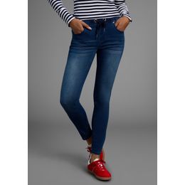 Stretch-Jeans Arizona, Damen, Gr. 44, N-Gr, blau (rinsed), Jersey, Obermaterial: 59% Baumwolle, 40% Polyester, 1% Elasthan, Basic, bequem kn&ouml;chellang, Jeans Stretch-Jeans, weites Bein, normale Leibh&ouml;he, kn&ouml;chellang, mit Used-Waschung, Topseller