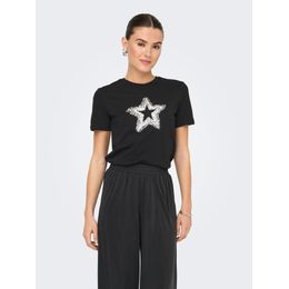 T-Shirt Only "ONLMARCY S/S BOX TOP CC JRS", Damen, Gr. XS, schwarz (schwarz detail:with sequins star), Jersey, Obermaterial: 100% Baumwolle, bedruckt, regular fit, Rundhals, Shirts T-Shirt