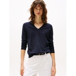 V-Ausschnitt-Pullover Tommy Hilfiger "CO JERSEY STITCH V-NK SWEATER", Damen, Gr. XL (42), blau (desert_sky), Strick, Obermaterial: 67% Baumwolle, 33% Polyamid, unifarben, Basic normal, V-Ausschnitt, B&uuml;ndchen, Pullover V-Ausschnitt-Pullover, Kontrastfarbene Streifen im Ausschnitt und Logo Stickerei am &Auml;rmel, Topseller