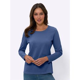 Langarmshirt Classic Basics "Langarm-Shirt", Damen, Gr. 52, blau (jeansblau), 100% Baumwolle, unifarben, Rundhals, Shirts Langarmshirt