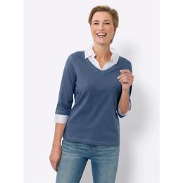 2-in-1-Shirt Classic Basics "2-in-1-Shirt", Damen, Gr. 42, blau (jeansblau), 100% Baumwolle, Einsatz:50% Baumwolle, 50% Polyester, unifarben, V-Ausschnitt, Shirts 2-in-1-Shirt