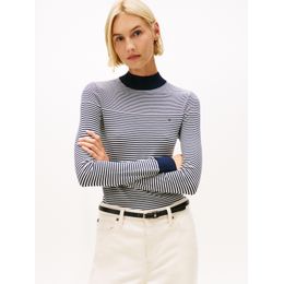 Strickpullover Tommy Hilfiger "CO JERSEY FINE GG MOCK-NK LS SWT", Damen, Gr. XXL (44), bretton stripe schwarz night navy, Feinstrick, Obermaterial: 67% Baumwolle, 33% Polyamid, gestreift, normal, Rundhals, Pullover Strickpullover