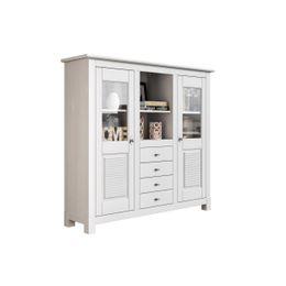 Buffet OTTO HOME "Rauna", wei&szlig;, B:146cm H:134cm T:38cm, Massivholz, Schr&auml;nke, Buffet, Highboard, massive Kiefer, T&uuml;ren mit Glaseins&auml;tzen, B/H 146/134 cm