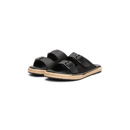 Pantolette Tommy Hilfiger "FLEX JUTTE HILFIGER LTH SANDAL", Herren, Gr. 41, schwarz, Leder, Lederimitat, Schuhe Pantolette, Sommerschuh, Schlupfschuh mit Ziern&auml;hten