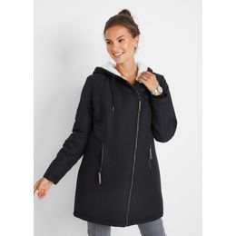 Allwetterjacke bonprix, Damen, Gr. 38, schwarz, Web, Obermaterial: 100% Polyester. F&uuml;llung: 100% Polyester. Innenfutter: 100% Polyester, unifarben, slim fit Po-bedeckend, Rundhals, gerader Abschluss, Jacken Allwetterjacke, mit gef&uuml;tterter Kapuze und Teddyfell, Slim fit
