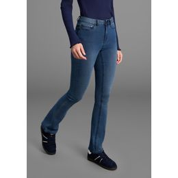 Bootcut-Jeans Arizona "Ultra Stretch", Damen, Gr. 42, N-Gr, blau (dunkelblau us), Denim/Jeans, Obermaterial: 63% Baumwolle, 32% Polyester, 5% Elasthan, eng lang, Jeans Bootcut-Jeans, ausgestellte Beinform, Used-Waschung, hohe Leibh&ouml;he, Topseller