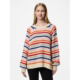 Rundhalspullover Pieces "PCDOSLA LS O-NECK KNIT MM", Damen, Gr. L, beige (birch stripes:mandarin orange multi), Strick, Obermaterial: 100% Polyacryl, gestreift, Rundhals, Pullover Rundhalspullover