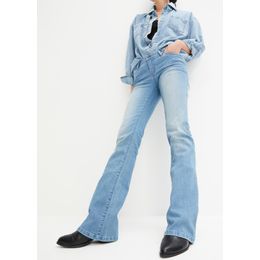 Bootcut-Jeans bonprix "Bootcut-Jeans Mid Waist, Stretch", Damen, Gr. 48, N-Gr, blau (hellblau denim), Obermaterial: 82% Baumwolle, 17% Polyester, 1% Elasthan, slim fit, Jeans Bootcut-Jeans, Slim Fit Passform, Mid Waist Schnitt, mit Stretch-Anteil, Topseller