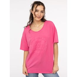 Kurzarmshirt Zwillingsherz "Oversized Shirt Stempeldruck "Moin", Damen, Gr. S/M, pink, Web, Obermaterial: 95% Baumwolle, 5% Elasthan, bedruckt, unifarben, oversize Po-bedeckend, Rundhals, Shirts Kurzarmshirt, Kurzarm, tiefer Rundhalsausschnitt, Schriftzug, Baumwollmischung