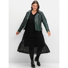 Spitzenkleid sheego "Spitzenkleid", Damen, Gr. 44, Normalgr&ouml;&szlig;en, schwarz, 70% Baumwolle, 30% Polyamid, unifarben, wadenlang, V-Ausschnitt, Kleider Spitzenkleid
