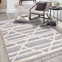 Hochflor-Teppich Carpet City "Valencia 810", blau (graublau, creme), B:140cm H:20mm L:200cm, Polypropylen, Teppiche, Hochflor-Teppich, L&auml;ufer, Boho-Stil, 3D-Effekt, Raute, Hoch-Tief-Struktur, mit Fransen