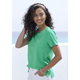 Beach Time T-Shirt BEACHTIME "mit modischem Schlitz am Saum", Damen, Gr. 32/34, gr&uuml;n, Single Jersey, Obermaterial: 100% Baumwolle, unifarben, Basic, figurumspielend, Rundhals, Shirts T-Shirt, aus hochwertiger Baumwoll-Qualit&auml;t, Topseller