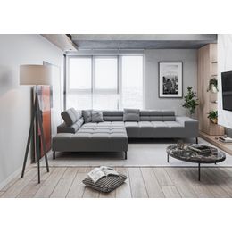 Ecksofa Home Affaire "Ancona New, wahlweise motorische Sitztiefenverstellung, auch in Cord", schwarz (anthrazit), B:321cm T:216cm, 100% Polyester, Sofas, Ecksofa, feine Steppung, mit Kopfteilverstellung, 3 Zierkissen, L-Form