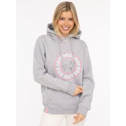 Hoodie Zwillingsherz "Dog Love", Damen, Gr. L/XL, grau (hellgrau), angeraute Sweatware, Obermaterial: 50% Baumwolle, 50% Polyester, unifarben mit Farbeinsatz, Sweatshirts Hoodie, mit gesticktem Dackel-Motiv, Schriftzug, Kordelzug, Rippenb&uuml;ndchen