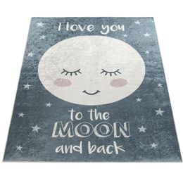 Kinderteppich Paco Home "Aleyna 103", grau, B:80cm H:6mm L:150cm, Polyester, Teppiche, Kinderteppich, Kinder Design, niedliches Mond Motiv mit Schriftzug, Kinderzimmer