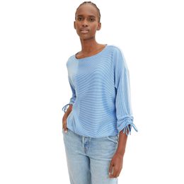 3/4-Arm-Shirt Tom Tailor Denim, Damen, Gr. L (40), wei&szlig; (blau, wei&szlig;, gestreift), Single Jersey, Obermaterial: 58% Viskose, 38% Polyester, 4% Elasthan, gestreift, regular fit normal, Rundhals, verstellbar mit Bindeband, Shirts 3/4-Arm-Shirt, in feiner Rippoptik