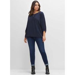 Longbluse sheego, Damen, Gr. 40, blau (nachtblau), 100% Viskose, unifarben, V-Ausschnitt, Blusen Longbluse