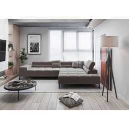 Ecksofa Home Affaire "Ancona New, wahlweise motorische Sitztiefenverstellung, auch in Cord", grau (stone), B:321cm T:216cm, 100% Polyester, Sofas, Ecksofa, feine Steppung, mit Kopfteilverstellung, 3 Zierkissen, L-Form