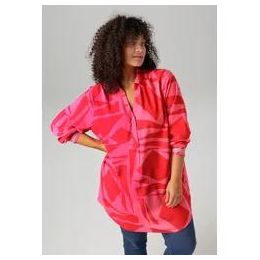 Longbluse ANISTON PLUS, Damen, Gr. 50, pink (pink, rose), Web, Obermaterial: 100% Viskose (LENZINGTM ECOVEROTM), bedruckt, gemustert, l&auml;ssig geschnitten, V-Ausschnitt, 1-Knopf-Manschette, Blusen Longbluse, mit farbenfrohem, gro&szlig;fl&auml;chigem Druck, Topseller