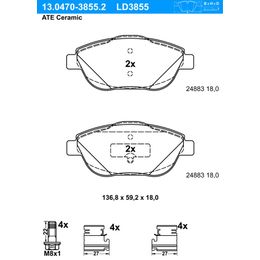 ATE Bremsbelagsatz, Scheibenbremse Ceramic 13.0470-3855.2 vorne rechts links mit Zubeh&ouml;r f&uuml;r PEUGEOT CITRO&Euml;N VAUXHALL OPEL DS 1629038380 1607083180 42
