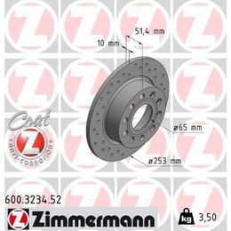 Zimmermann Bremsscheibe SPORT COAT Z 600.3234.52 hinten rechts links Gelocht 253mm f&uuml;r VAG 1K0615601AB 5C0615601 5Q0615601F
