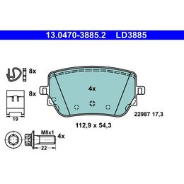 ATE Bremsbelagsatz, Scheibenbremse 13.0470-3885.2 hinten rechts links mit Zubeh&ouml;r f&uuml;r MERCEDES-BENZ 0004201706 A0004201706 A0004207600
