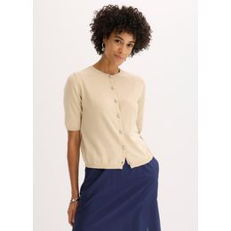 bonprix Feinstrickjacke aus feinem Viskose-Mix, beige, Gr.56/58 (3XL), leichte Kurzarm Feinstrickjacke mit dekorativen Schmuckkn&ouml;pfen